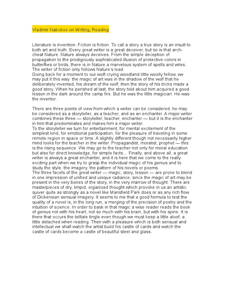 Vladimir Nabokov On Writing, Reading | PDF | Storytelling | Magic ...