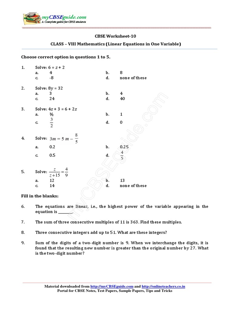 CBSE Worksheet-10 CLASS - VIII Mathematics (Linear Equations in One Variable) | PDF