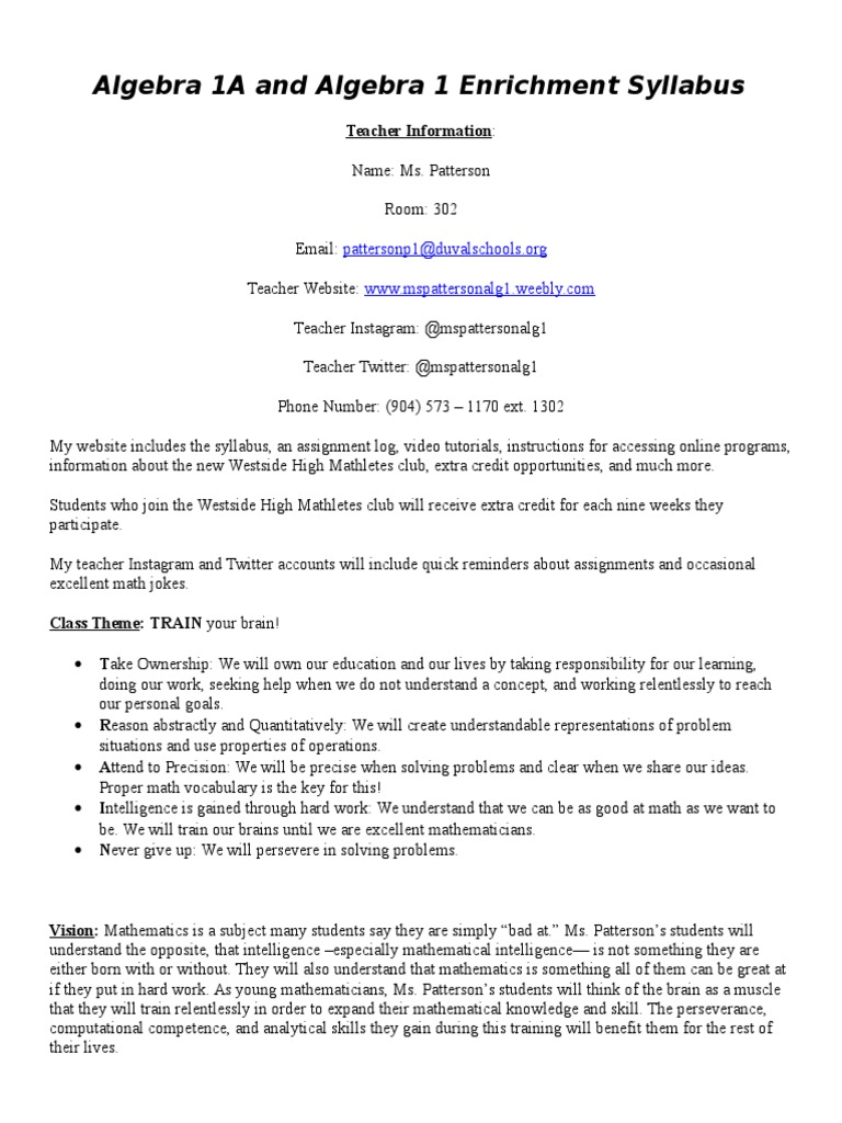 Algebra 1a Syllabus 2016-2017 | PDF | Homework | User (Computing)