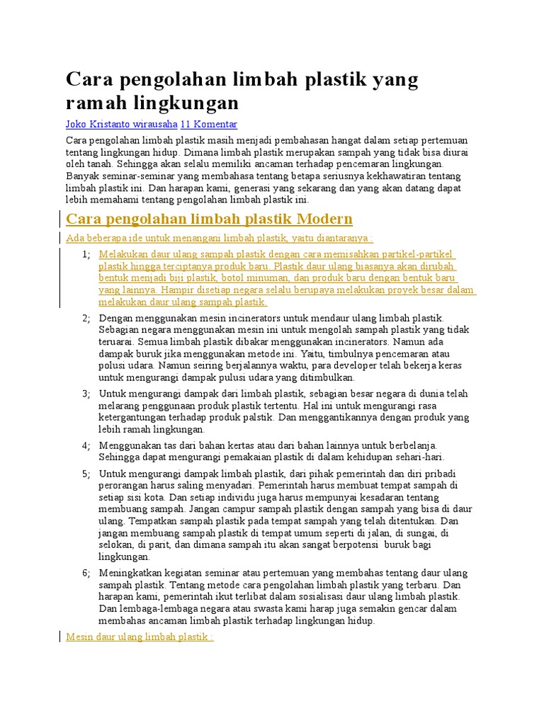 Cara Pengolahan Limbah Plastik Yang Ramah Lingkungan | PDF | Sains & Matematika