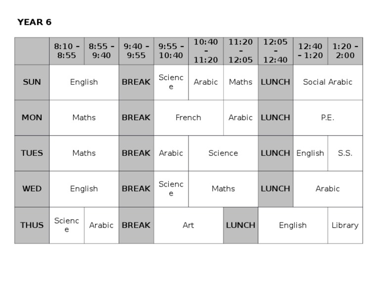 Year 6 Timetable | PDF