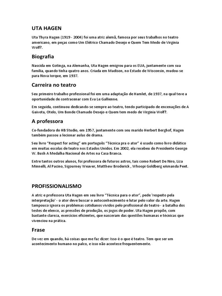 Uta Hagen Exercises | PDF | Vencedores do Theatre Awards | Atores de ...