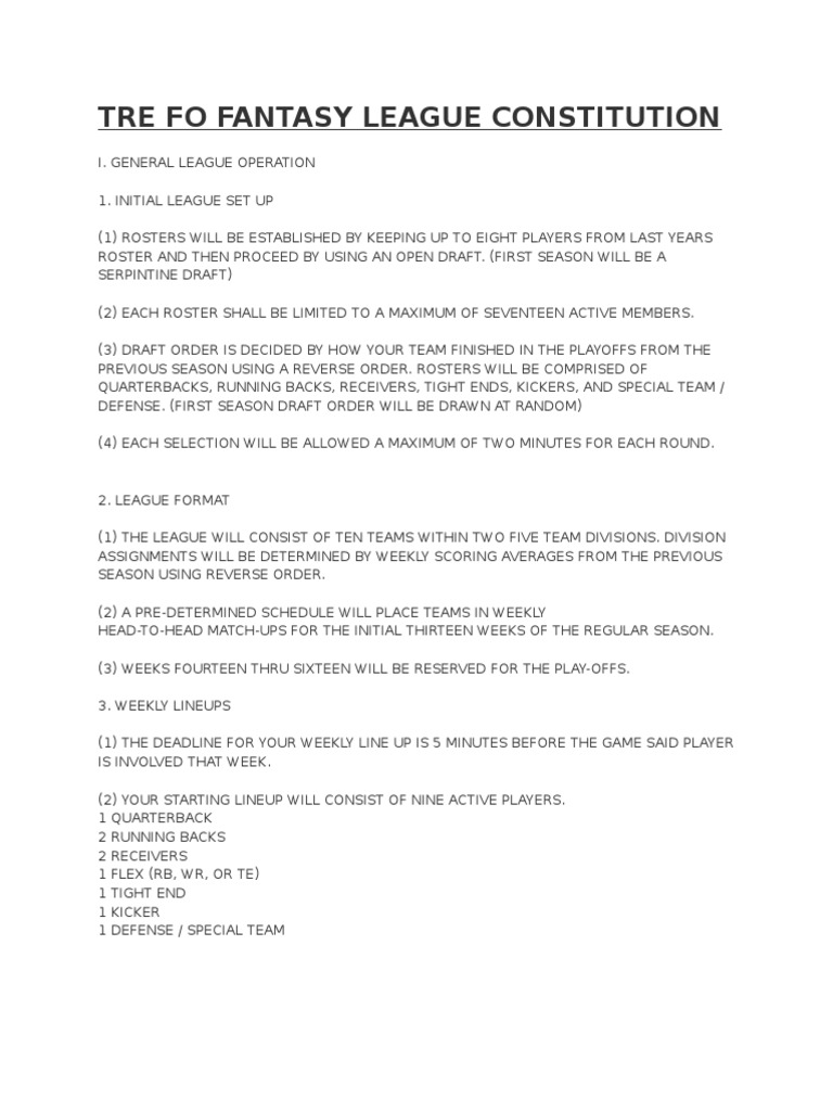 Tre Fo Fantasy League Constitution | PDF | American Football | National ...