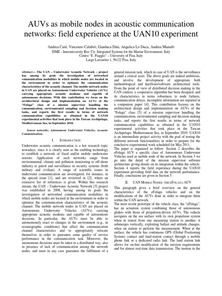 Auvs As Mobile Nodes in Acoustic Communication Networks: Field Experience at The Uan10 ...