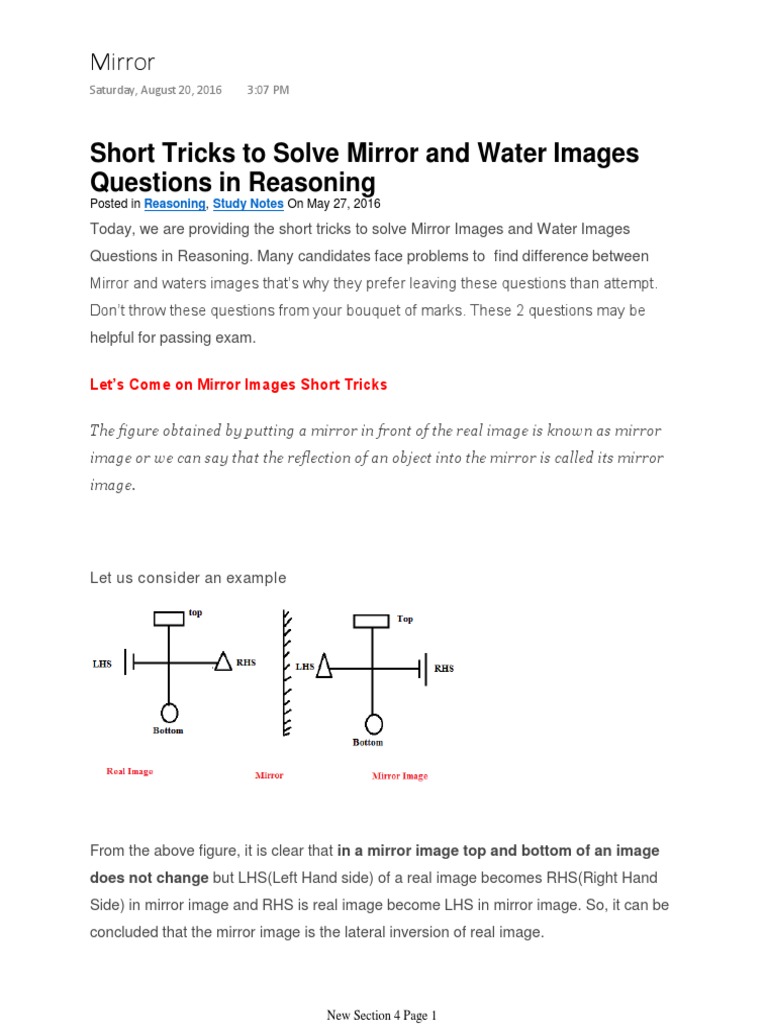 Mirror Images and Water Image Problems | PDF | Mirror | Teaching ...
