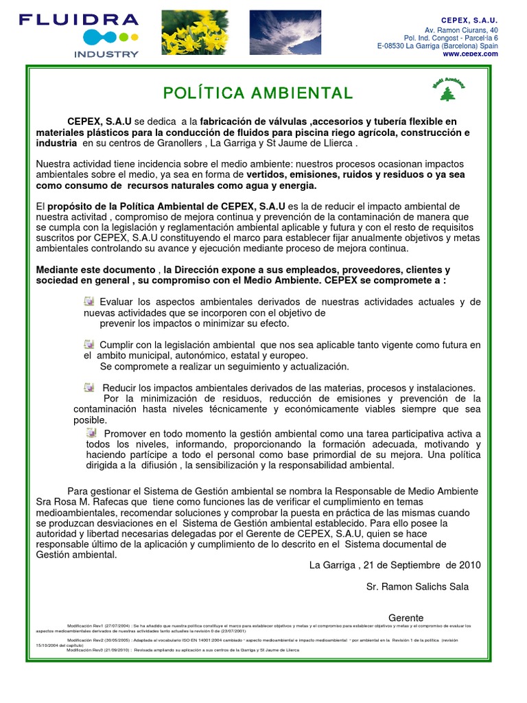 Politica Ambiental Cepexholding PDF | Descargar gratis PDF | Degradación ambiental | Contaminación