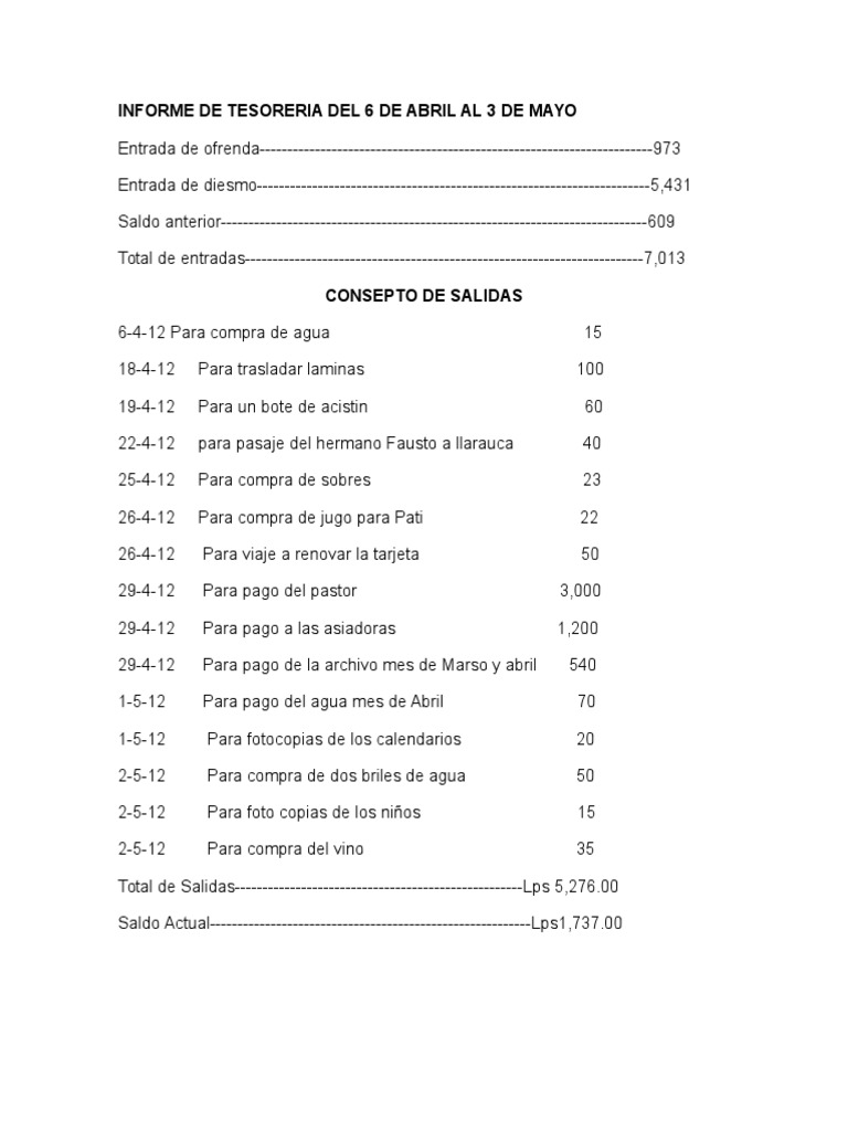Informe de Tesoreria Del 6 de Abril Al 3 de Mayo | PDF