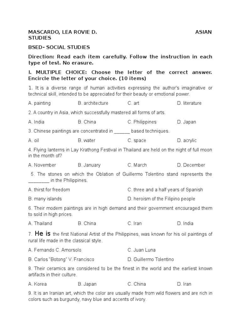 Asian Studies Midterm Questionnaire | PDF | Philippines | Plastic Arts