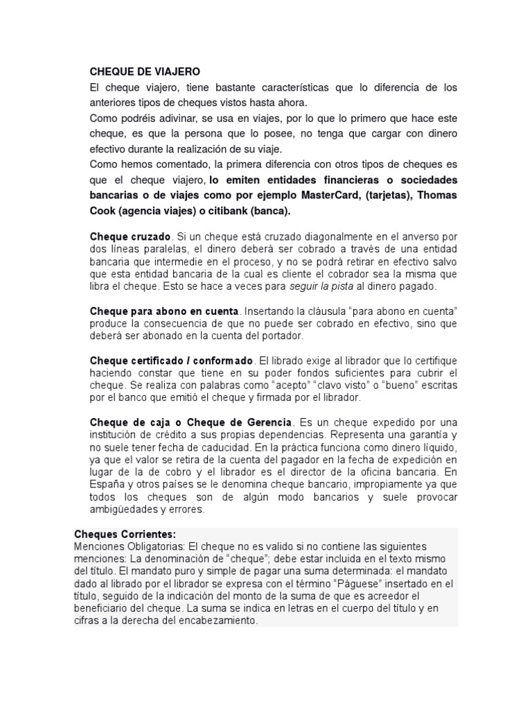 Cheque Viajero: Características y Uso | PDF | Cheque | Pagos