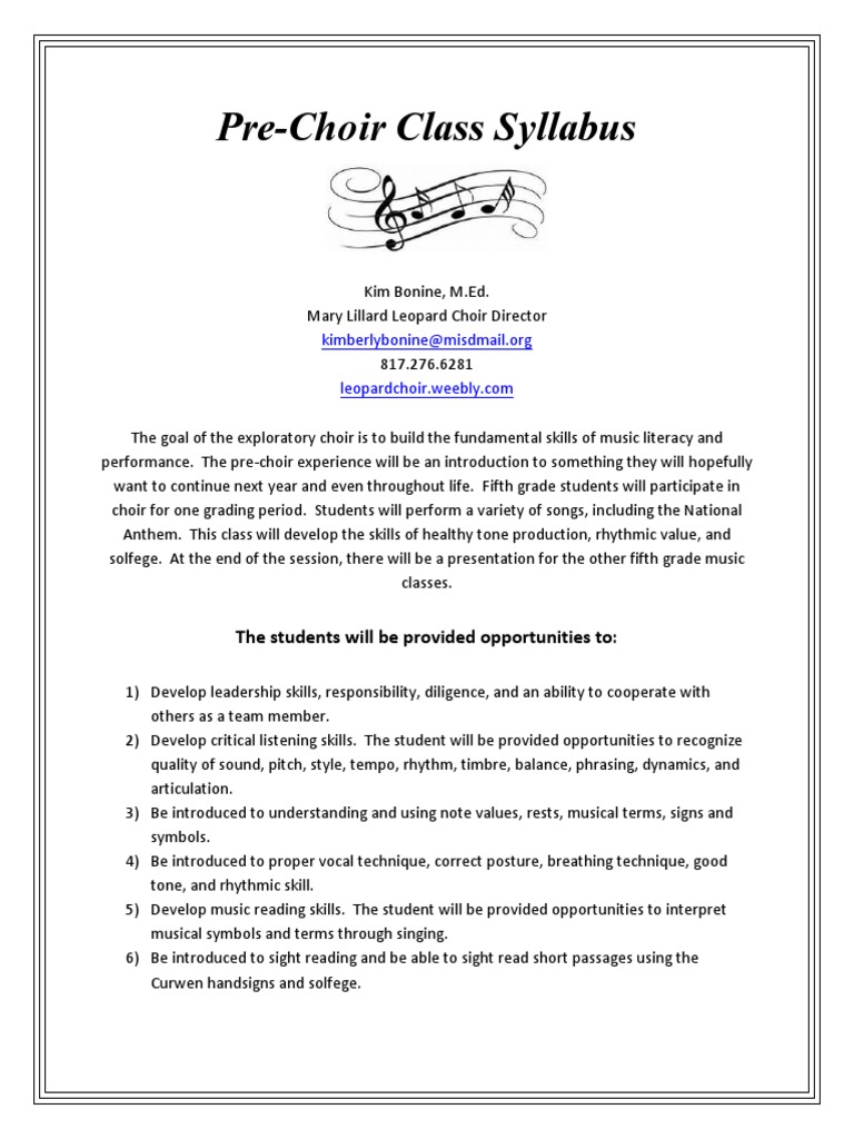 Pre-Choir Syllabus Mlis Final | PDF | Singing | Homework