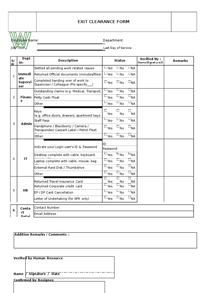 Exit Clearance Form | PDF