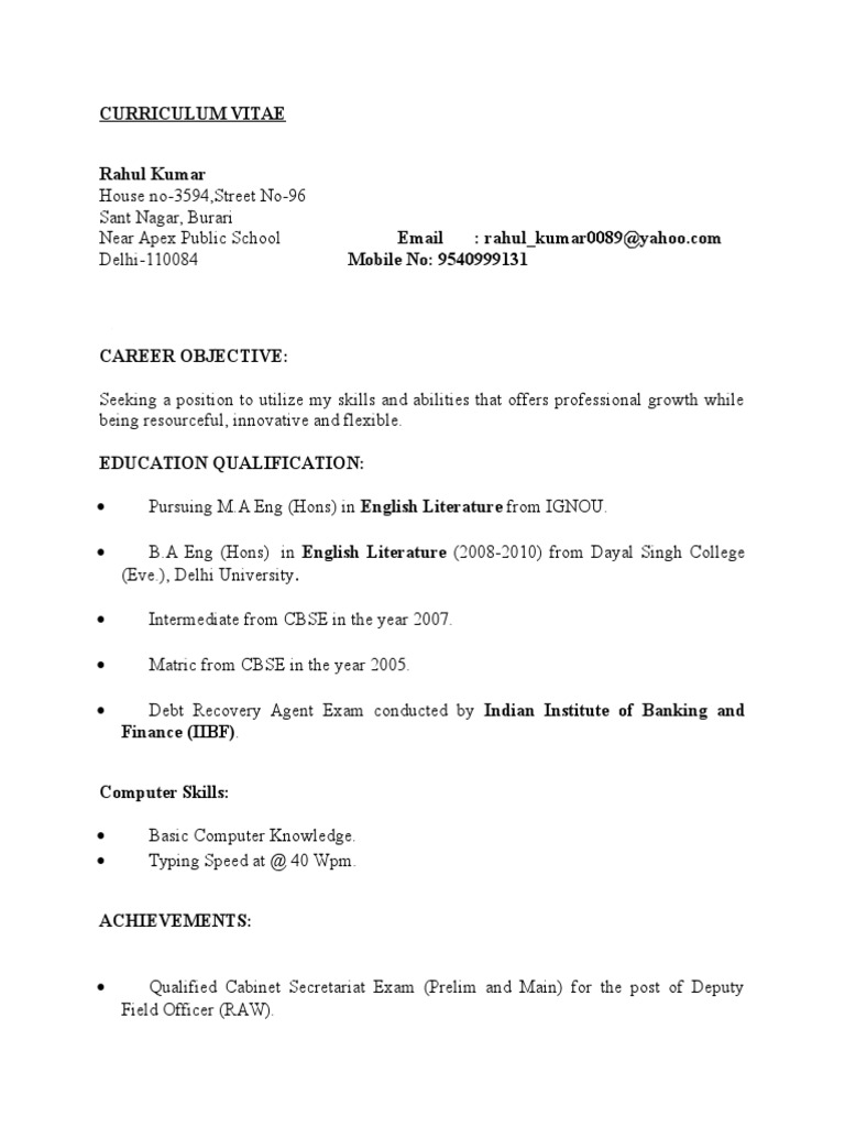 Curriculum Vitae Rahul Kumar | PDF