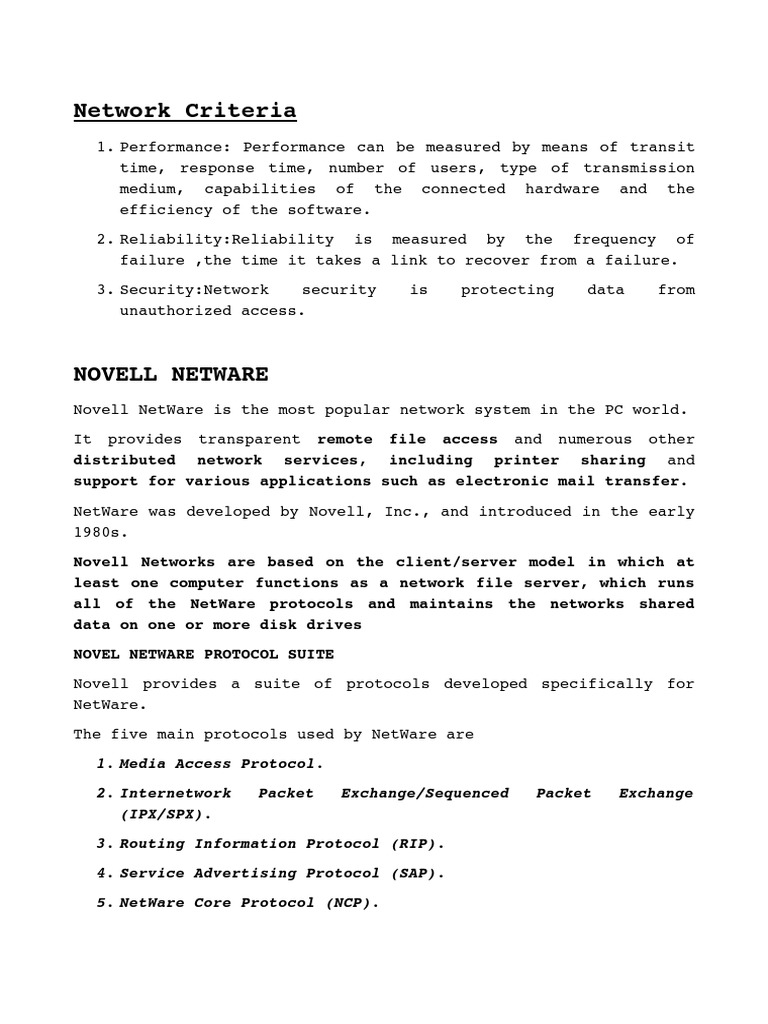 An Analysis of Network Criteria and Protocols for Novell NetWare Client ...