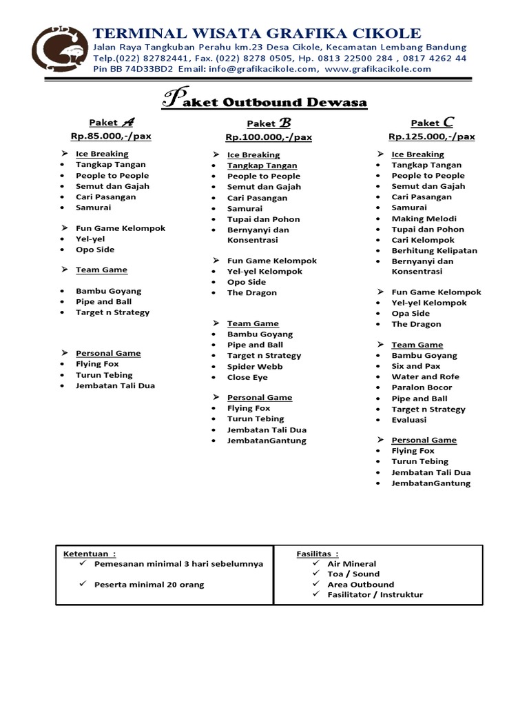 Pricelist Terminal Wisata Grafika Cikole - Update Agustus 2016 | PDF