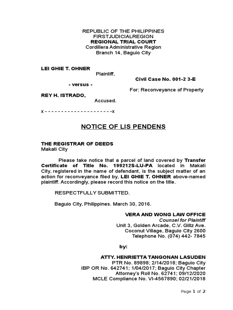 Notice of Lis Pendens | PDF | Virtue | Judiciaries