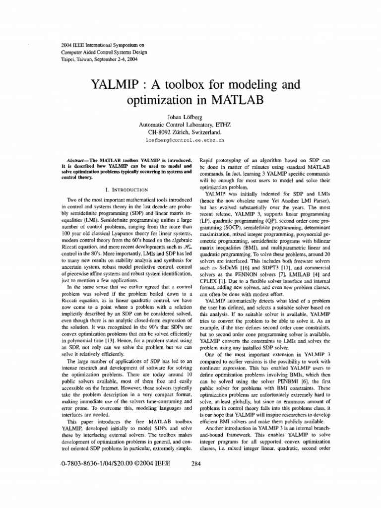 Yalmip A Toolbox For Modeling and Optimization in MATLAB: Efberg Laboratory, CH-8092 | PDF ...