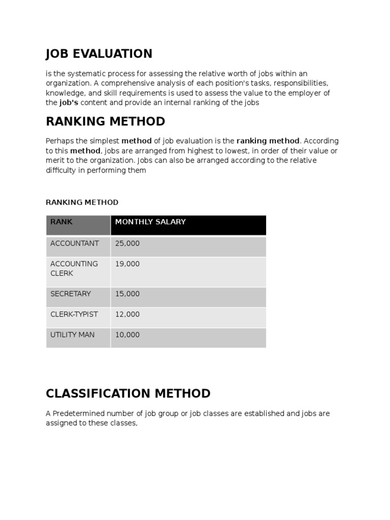 Job Evaluation: Ranking Method Rank | PDF | Cognitive Science | Applied ...