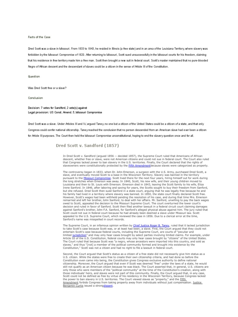 Dred Scott v. Sandford (1857) : Facts of The Case | PDF | Dred Scott V ...