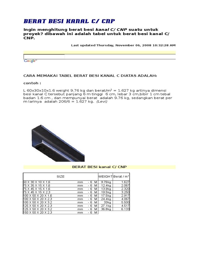 Tabel Berat Besi Kanal C dan CNP | PDF
