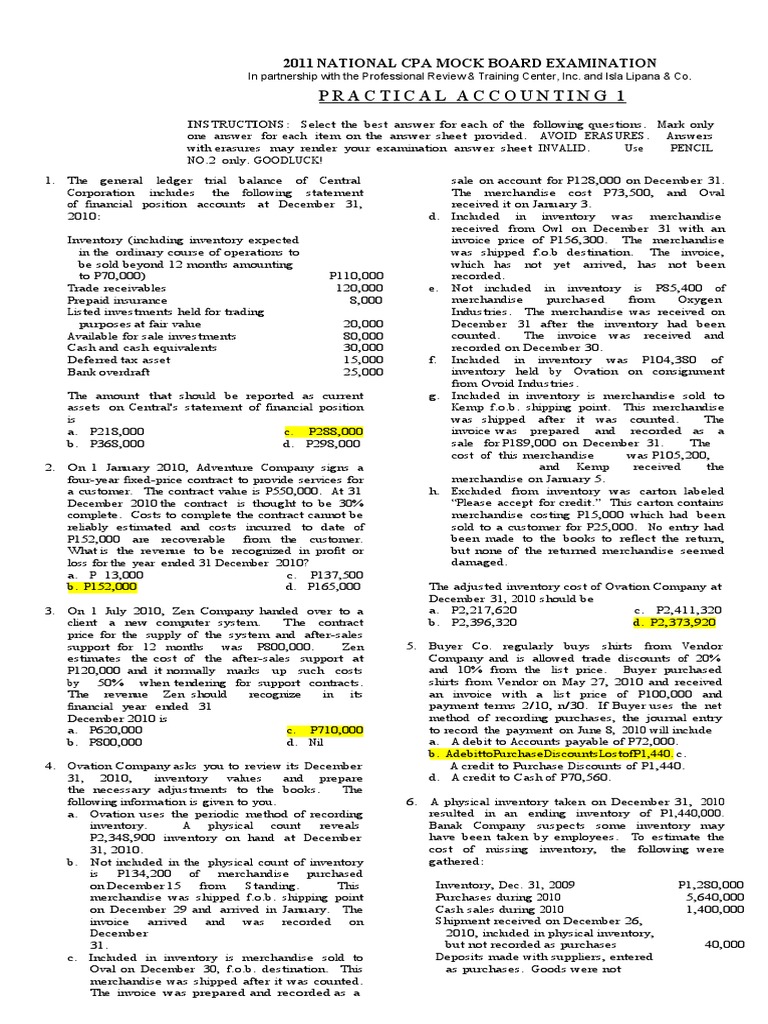 Practicalaccounting1: 2011 National Cpa Mock Board Examination | PDF ...