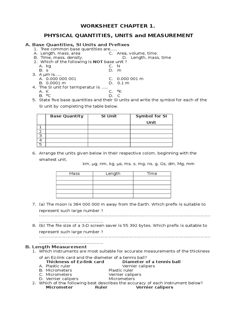 Worksheet Chapter 1. Physical Quantities, Units and Measurement | PDF ...