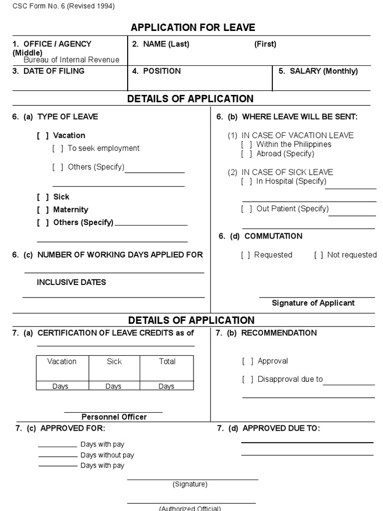 CSC Form 6 Leave Application Template | PDF | Business | Finance ...