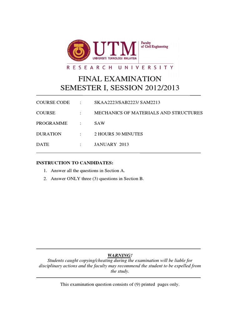 UTM Final Exam - Mechanics Sab 2223 Sem 1 2012-13 | PDF