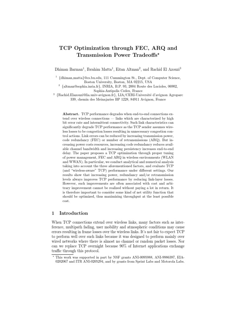 TCP Optimization Through FEC, ARQ and Transmission Power Tradeoffs | PDF | Forward Error ...
