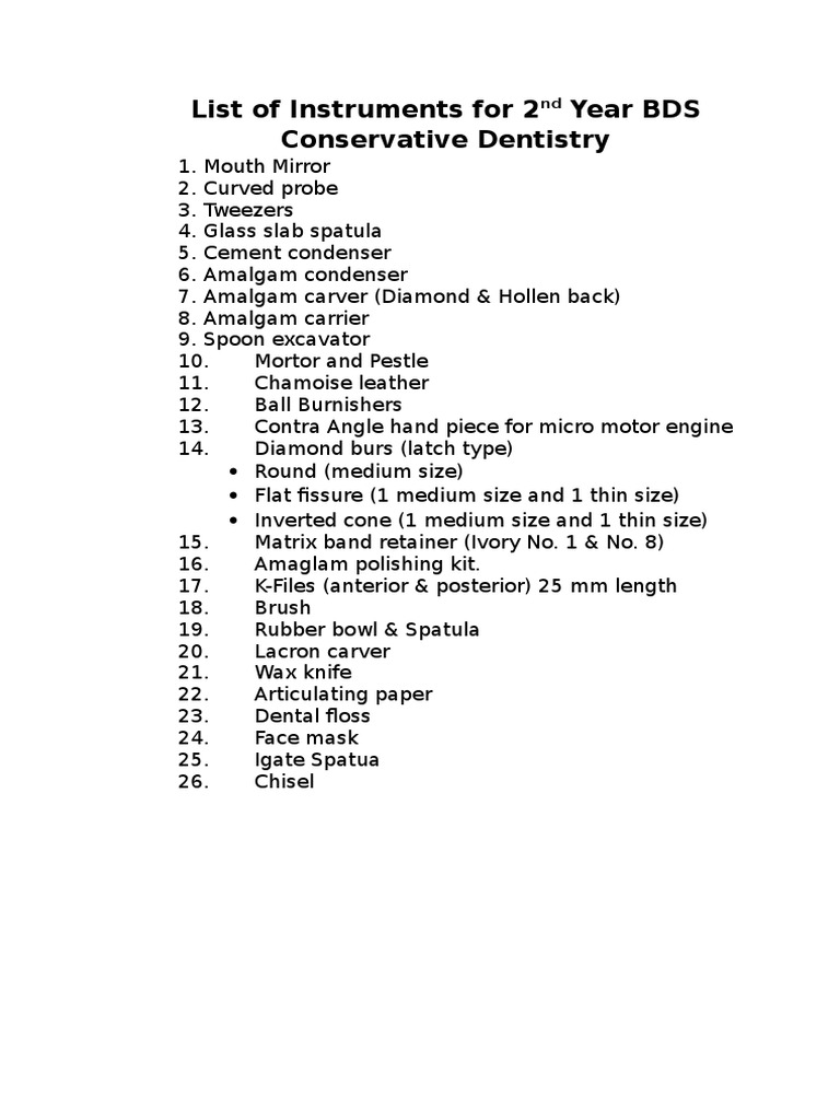 List of Instruments For 2nd Year BDS | PDF | Dental Degree | Plaster