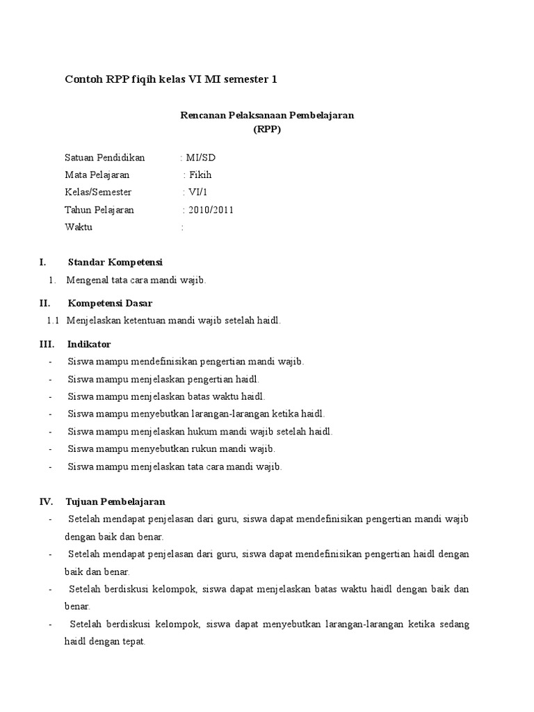 Contoh RPP Fiqih Kelas VI MI Semester 1 | PDF | Pengembangan Diri