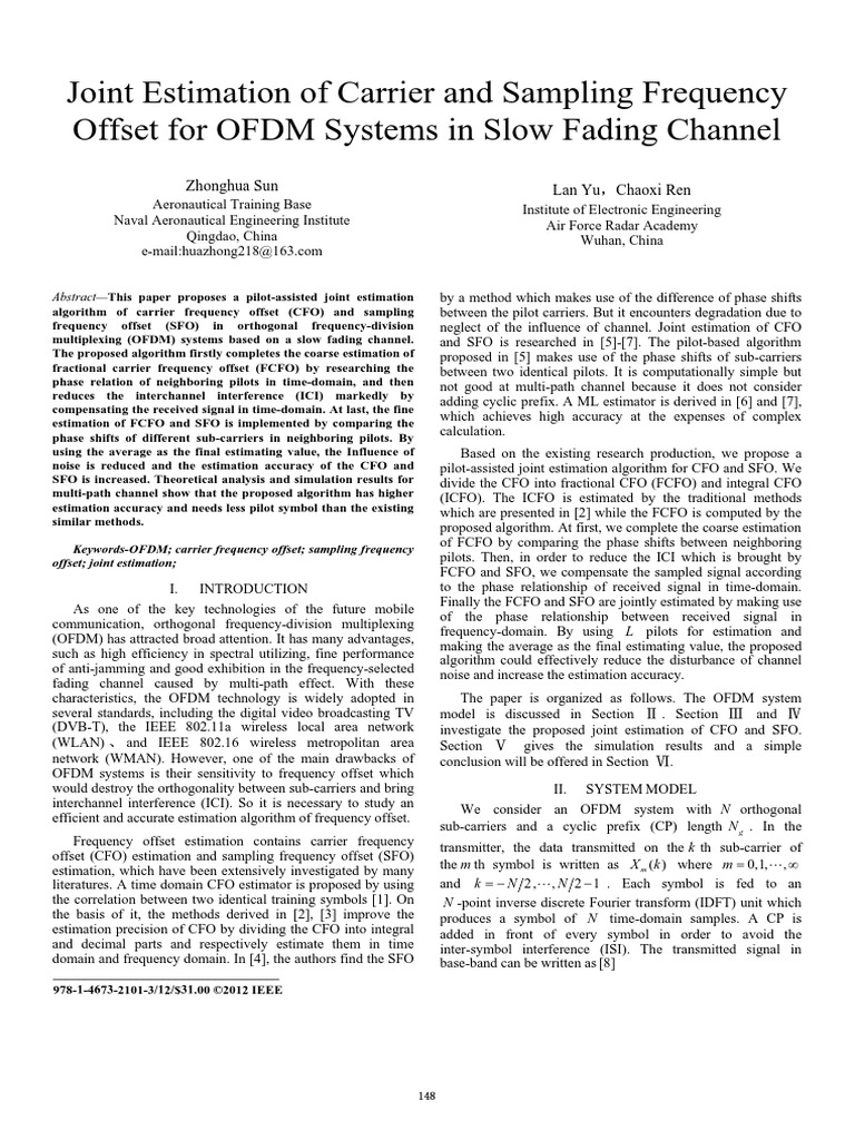 Joint Estimation of Carrier and Sampling Frequency Offset For OFDM Systems in Slow Fading ...