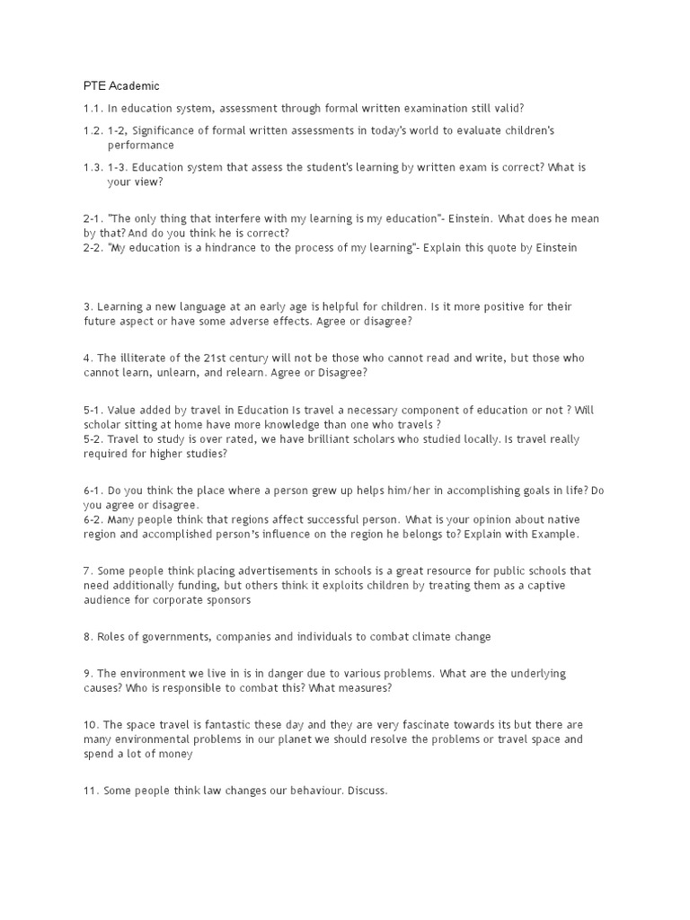 PTE Academic Essay Topics Overview | PDF | Educational Assessment ...