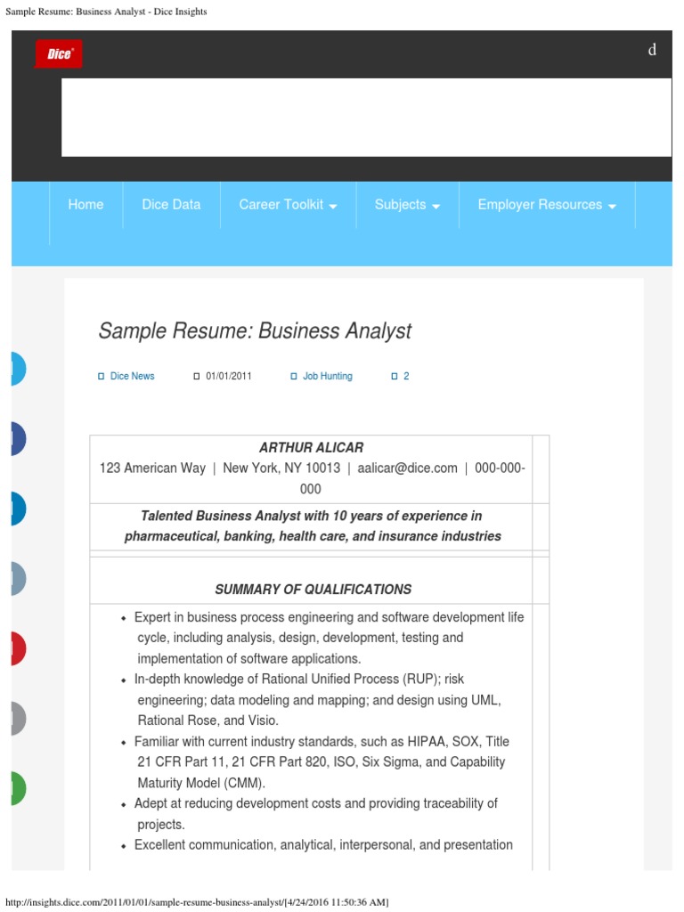Sample Resume Business Analyst - Dice Insights | PDF | Use Case | Résumé