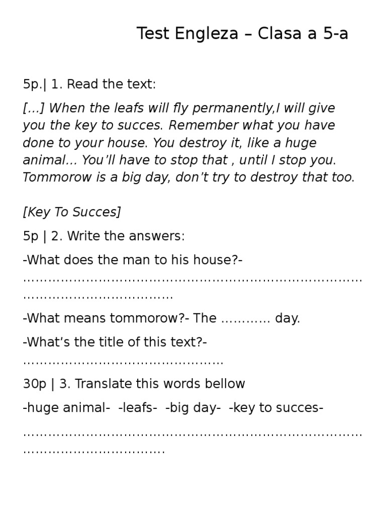 Test Initial Engleza Clasa a 6-A