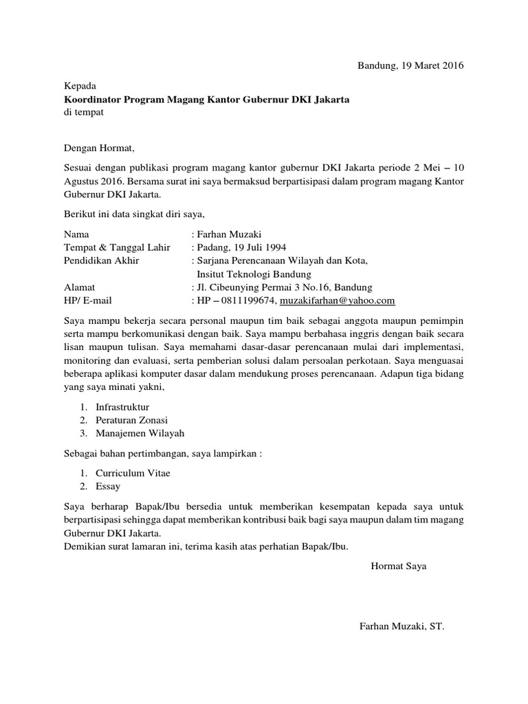 Lamaran Magang Farhan Muzaki DKI Jakarta | PDF
