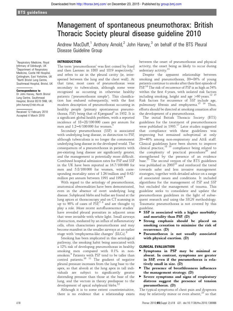 Guidelines for Spontaneous Pneumothorax Management | PDF | Medical ...