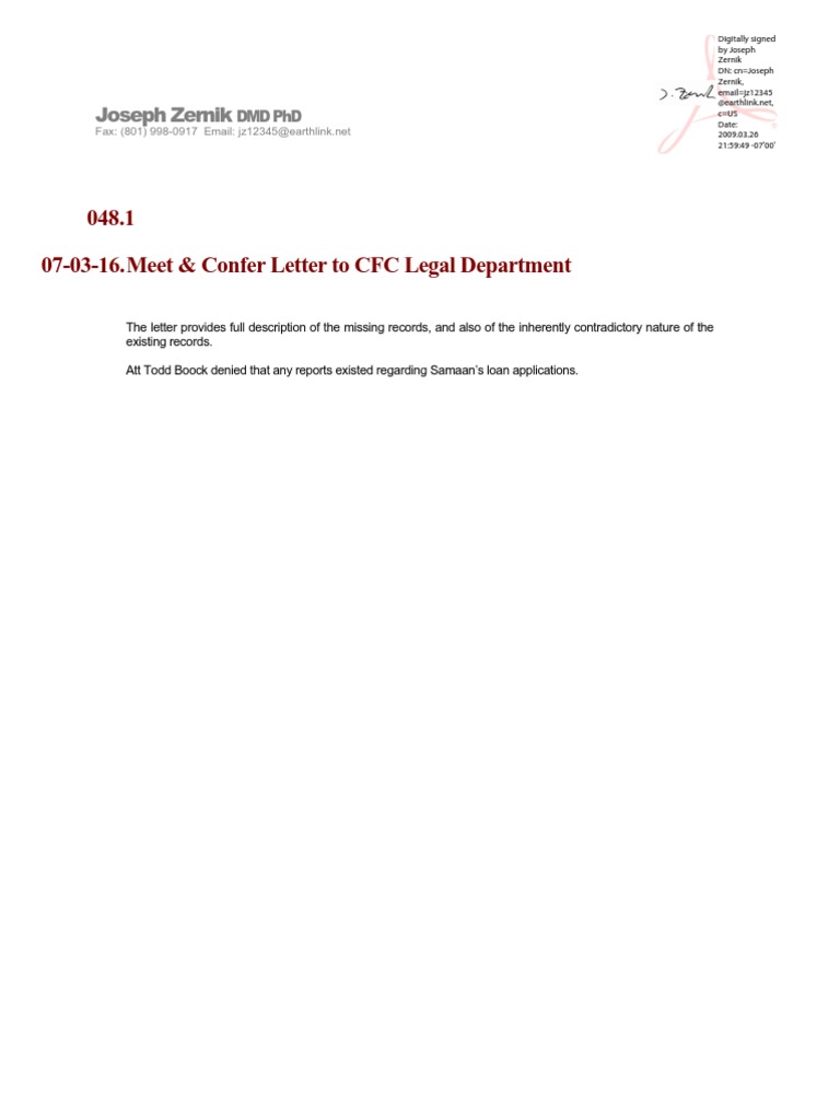 07-03-16 Samaan V Zernik (SC087400) DR Zernik's Letter To Countrywide ...