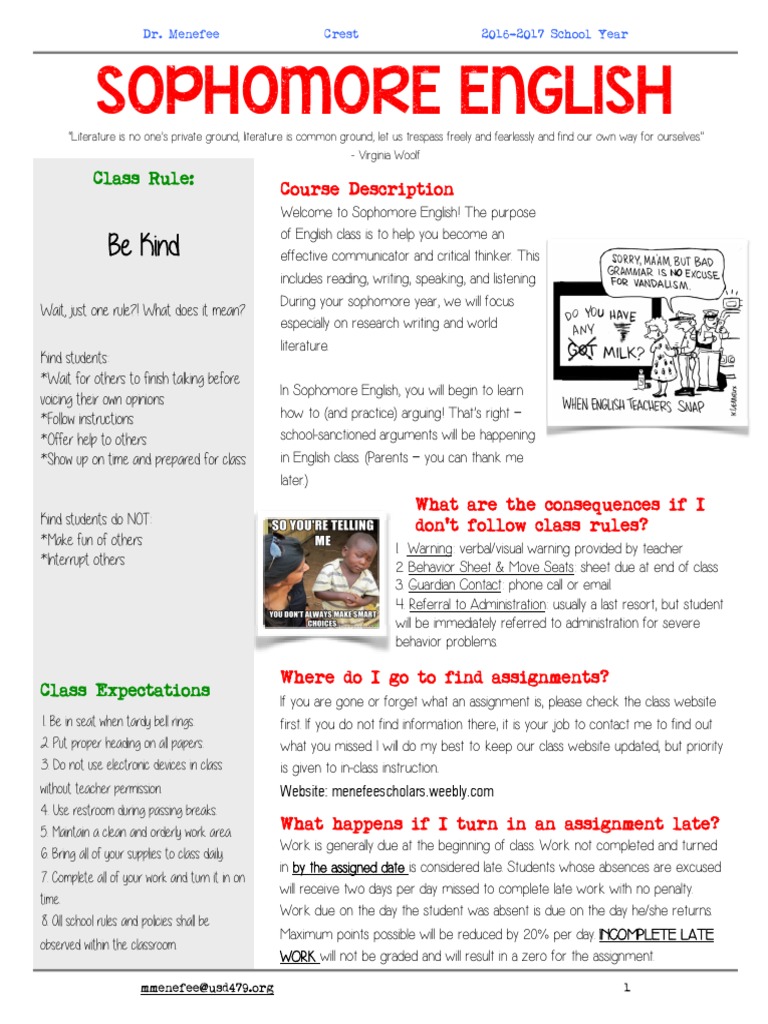 Sophomore Syllabus | PDF | Homework | Essays