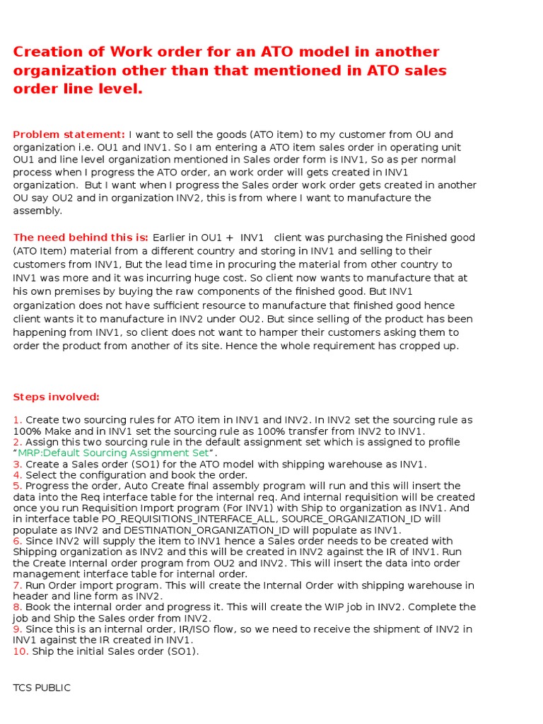 Creation of Work Order For An ATO Model in Another Organization Other ...