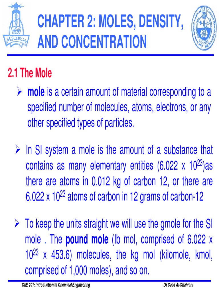 Chapter 2: Moles, Density, and Concentration: 2.1 The Mole | PDF | Mole (Unit) | Concentration