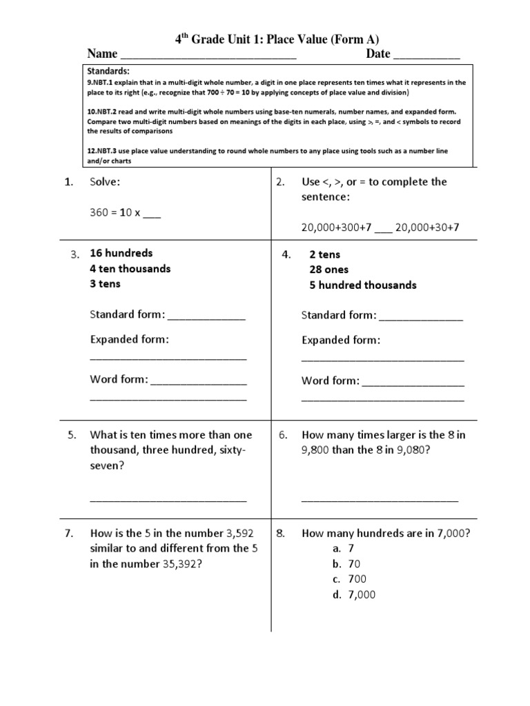 4 Grade Unit 1: Place Value (Form A) Name - Date | PDF | Teaching ...
