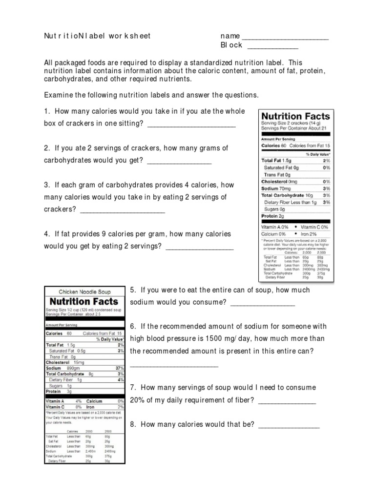 Nutrition Label Worksheet Activities | PDF | Nutrition Facts Label ...