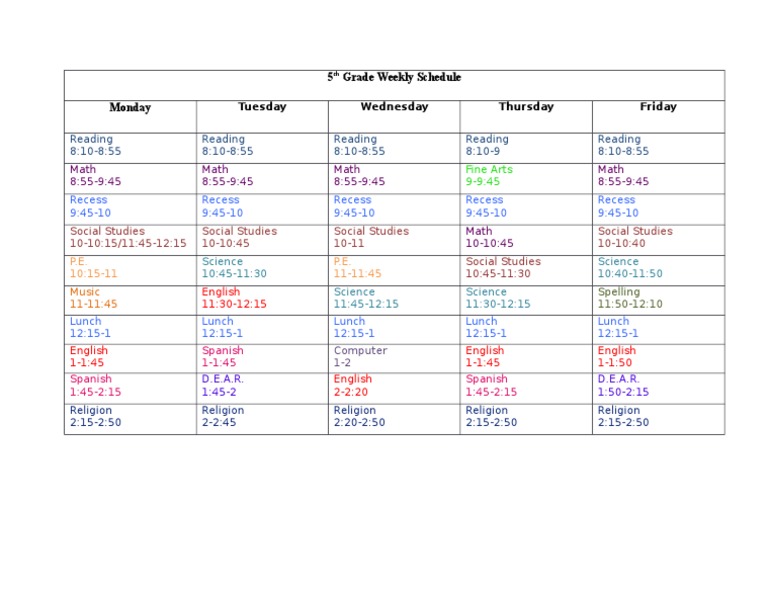 5th Grade Weekly Schedule | PDF