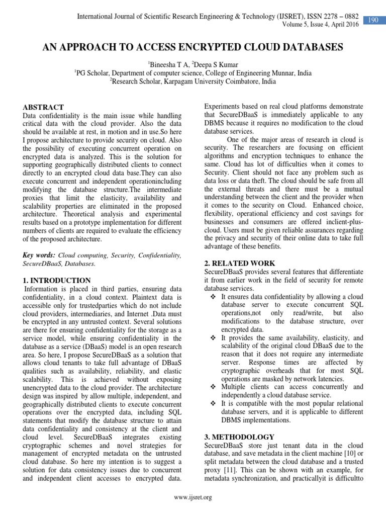 An Approach To Access Encrypted Cloud Databases Pdf Databases Encryption