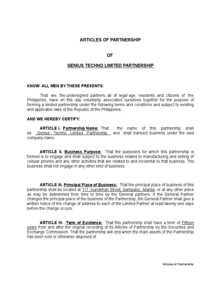 Articles of Partnership Limited June2015 | PDF | Partnership | Limited ...