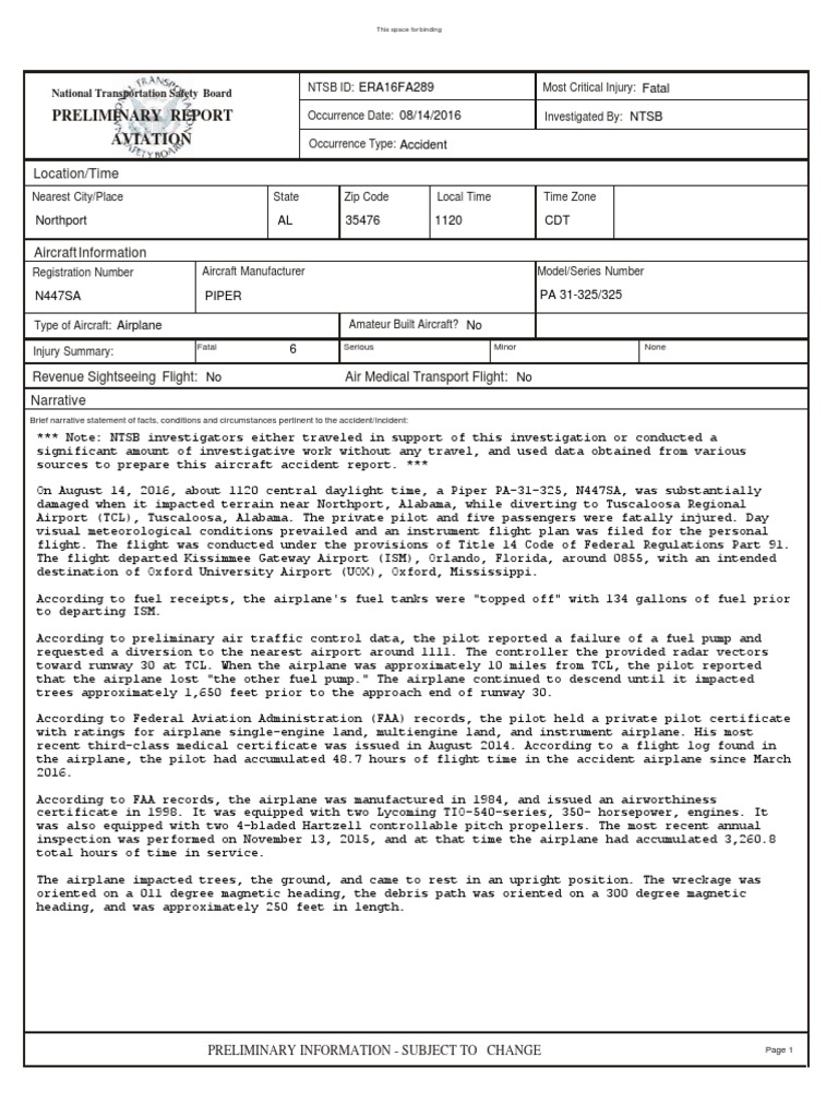 NTSB Preliminary Accident Report - Tuscaloosa County Plane Crash | PDF ...