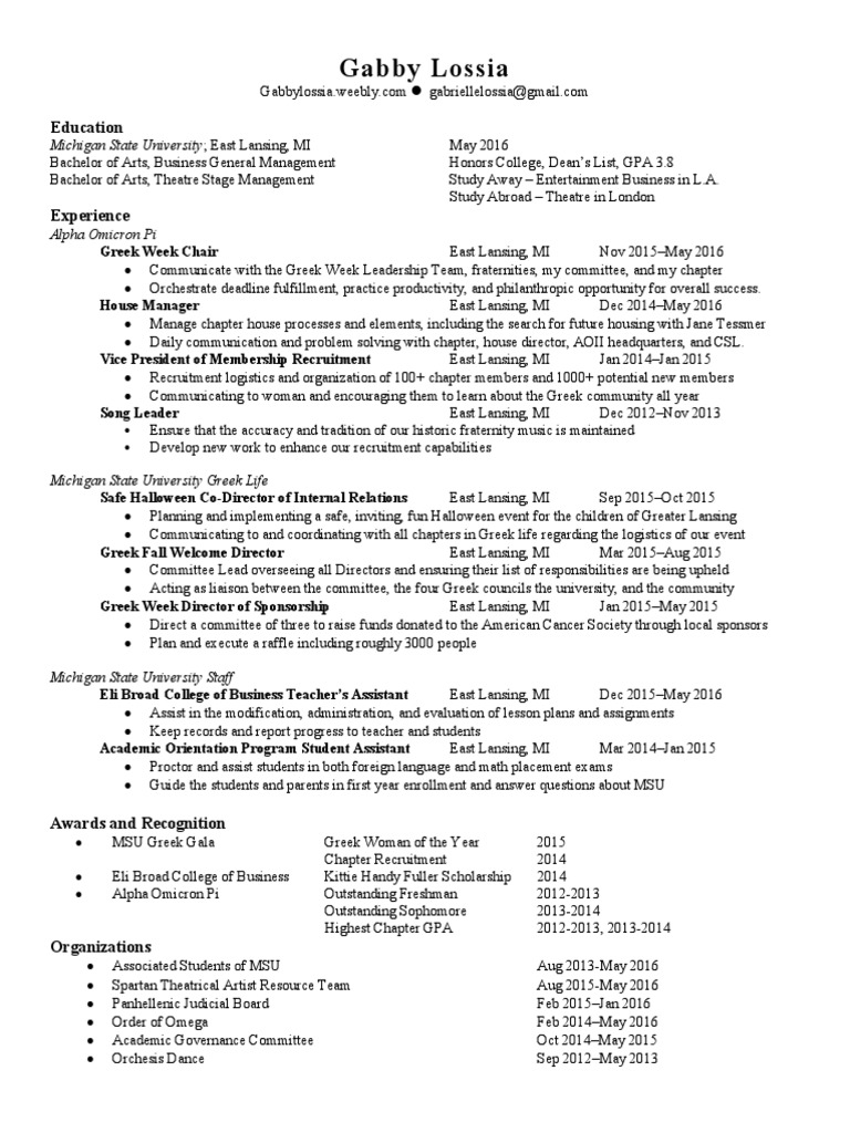 Gabrielle Lossia Business Resume Website | PDF | Michigan State ...