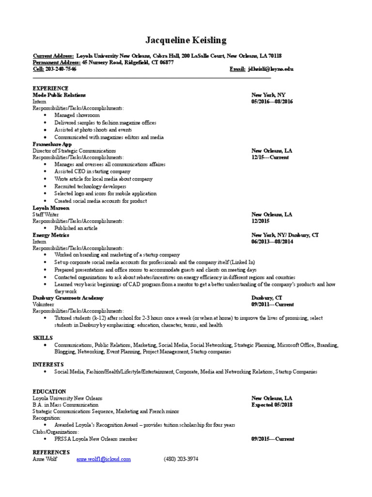 Jacqueline Keisling: PR & Comms Intern Resume | PDF