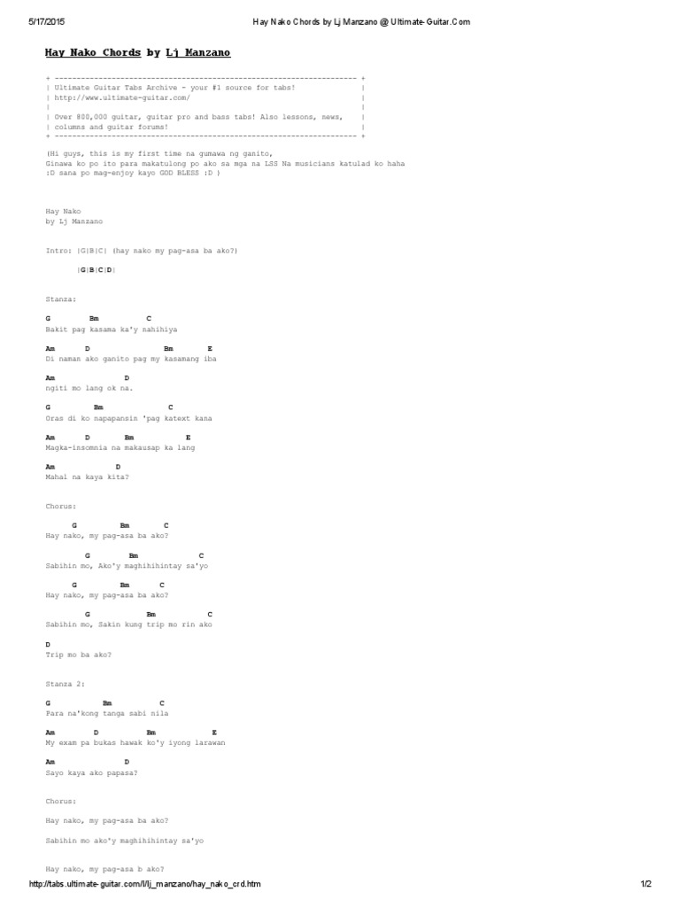 Hay Nako Chords by LJ Manzano at Ultimate-Guitar PDF | PDF