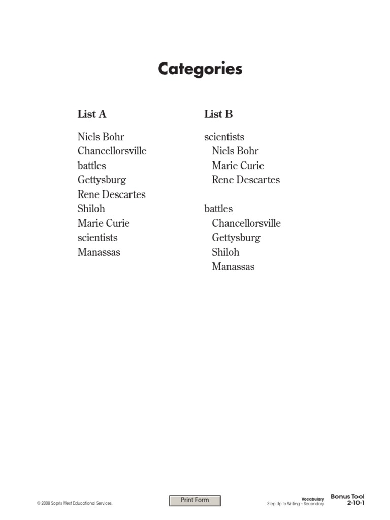 Categories: List A List B | PDF